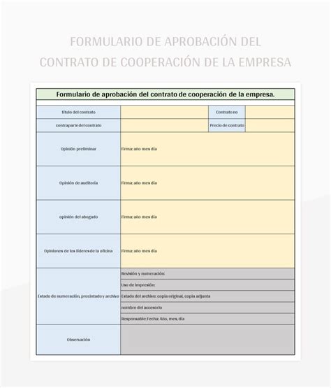 Plantilla De Excel Formulario De Aprobación Del Contrato De Cooperación