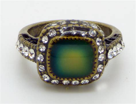 Vintage Rhinestone Square Face Brass Mood Ring