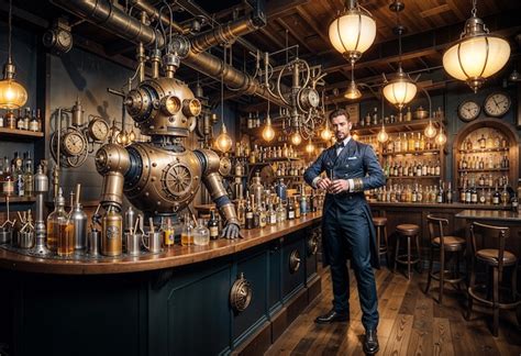 Man Stands At A Steampunk Bar With A Robot Bartender Premium Ai Generated Image
