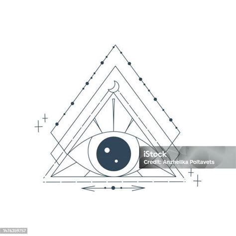눈이 고립 된 밀교 피라미드 광선과 별이 있는 신비로운 삼각형 기하학적 밀교 기호입니다 선으로 그려진 벡터 그림 디자인 삼각형의 신비로운 눈 Freemasons에 대한 스톡