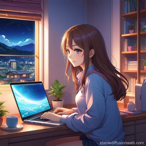Girl Working On Laptop In Nighttime Room Stable Diffusion Online
