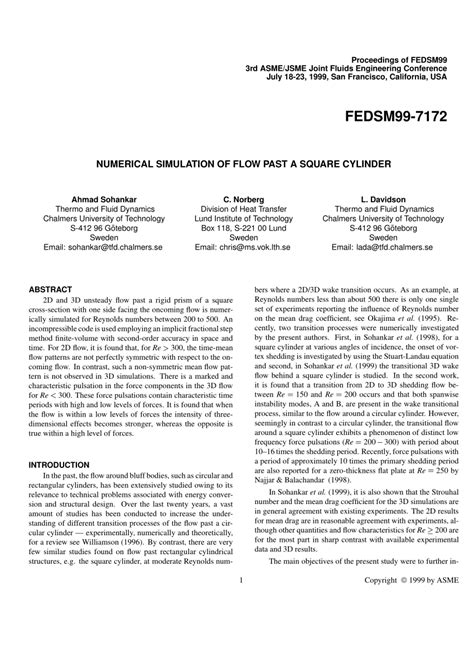 Pdf Numerical Simulation Of Flow Past A Square Cylinder