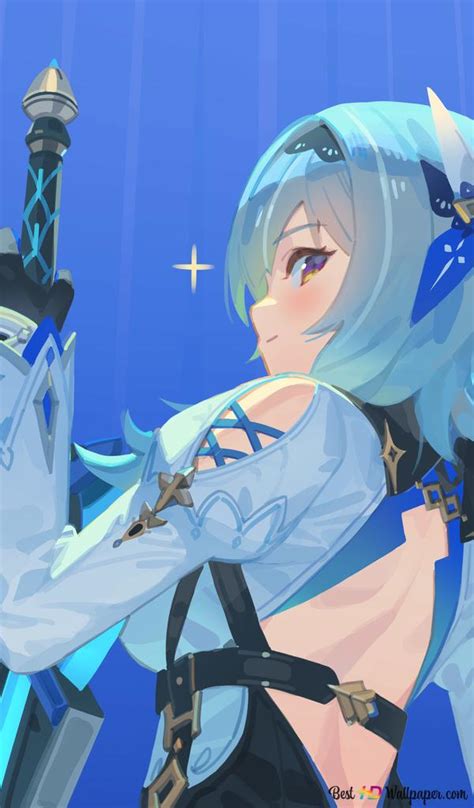 Blue Haired Anime Girl Eula With Sword Genshin Impact 2k Wallpaper