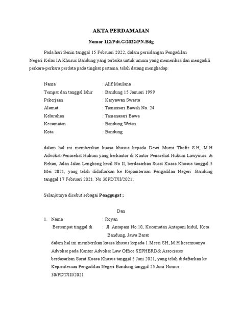 Akta Perdamaian Van Dading Litigasi Perdata Kl 5 Pdf