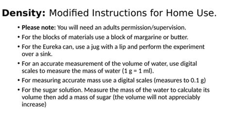 Density Required Practical Lesson With Instructions For Home Use