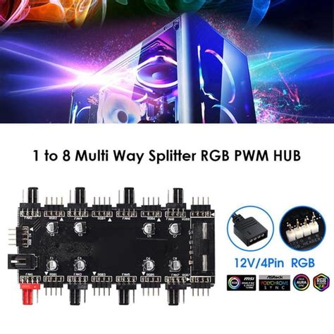 Tbandw 1 To 8 Multi Way Splitter Rgb Pwm Hub 12v4 Pin Adapter For Fan