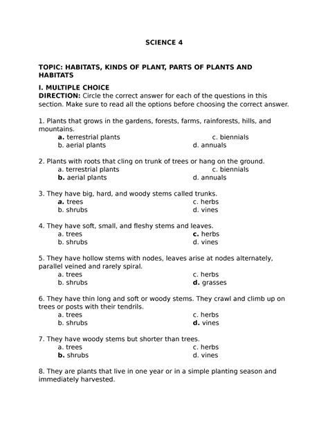 Reviewer For Science 4 Answer Science 4 Topic Habitats Kinds Of