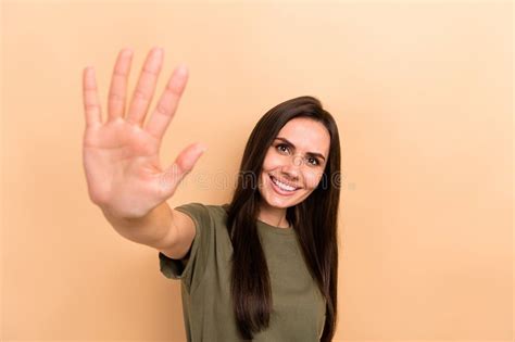 Photo Of Friendly Excited Girl Dressed Khaki T Shirt Waving You Arm