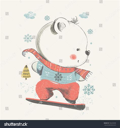 1 Cute Beear Snowboarding Hand Drawn Vector Illustrationcan Stock