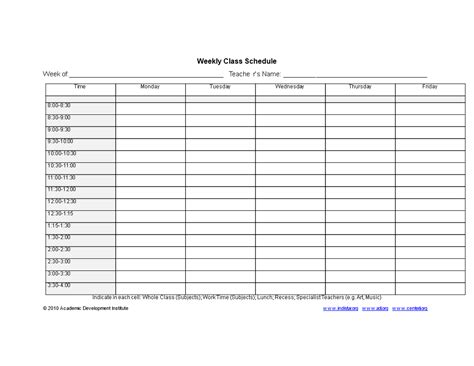 Weekly Class Schedule Templates At