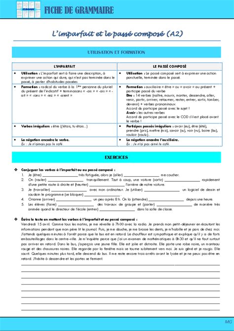 Exercices Passé Composé Vs Imparfait Fiche De Grammaire Mg L