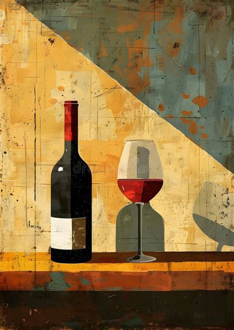 Artistic Painting Of A Glass Of Wine Next To A Bottle On A Rectangular