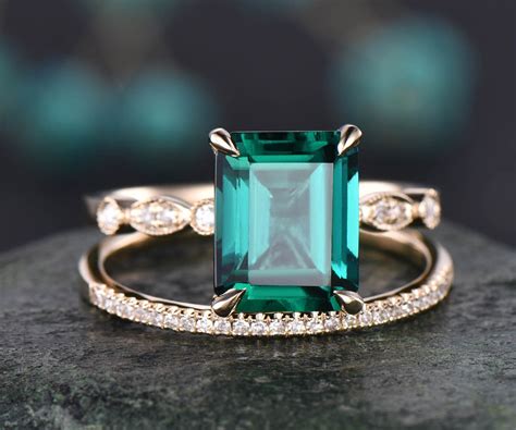 2pc Emerald Engagement Ring Set 14k Yellow Gold Real Diamond Ring
