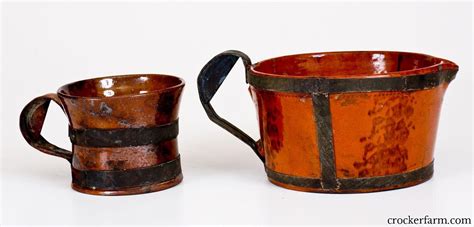 Two Glazed 19th Century Redware Articles With Tin Make Do Handles Probably Pa Origin 2020701226