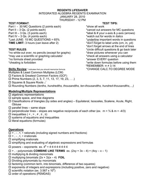 Regents Lifesaver Regents Formula Sheets