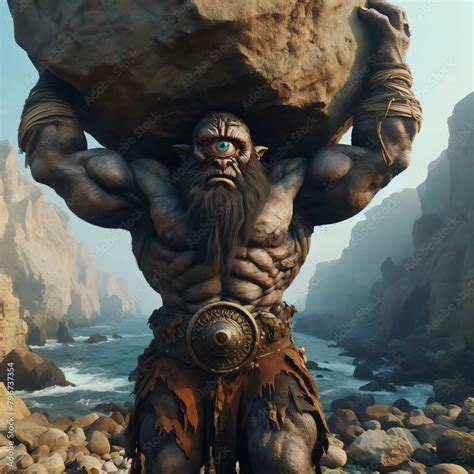 A One Eyed Cyclops From Ancient Greek Mythology The Cyclops Is Holding A Huge Boulder In The
