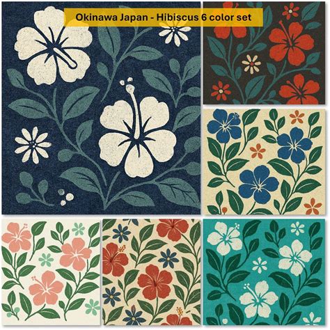Japanese Okinawa Hibiscus Pattern 6 Color Set Digital Paper Etsy