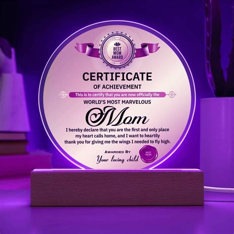 Best Mom Award Certificate Acrylic Plaque With Led Mothers Day T