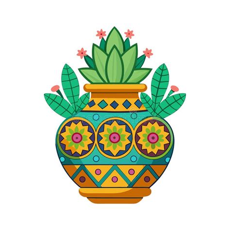 Vibrant Vector Pot With Flowers And Geometric Patterns Indian Design