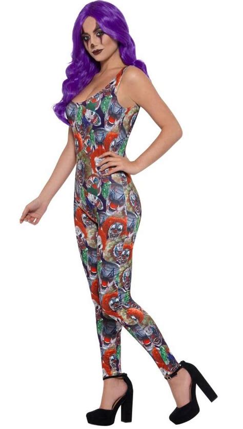 Womens Evil Clown Print Bodysuit Creepy Clown Halloween Costume