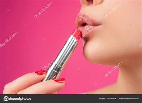 Close Woman Applying Red Lipstick Lips Sexy Girl Applied Lipstick