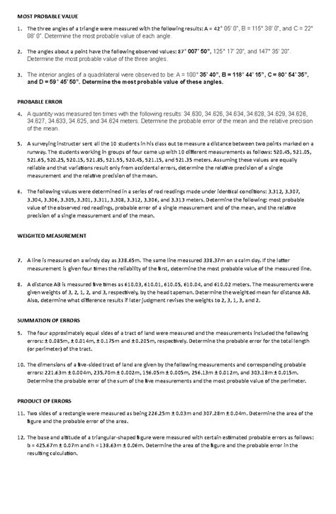 Most Probable Value And Probable Error Calculations Surveying Methods
