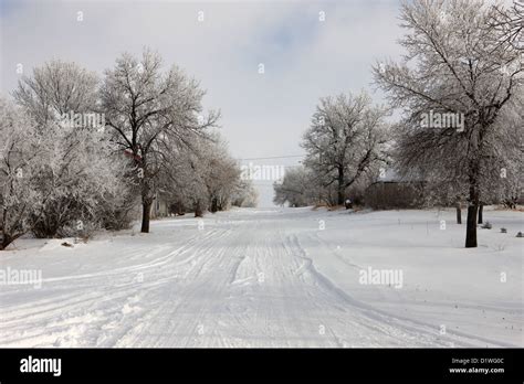 Snow Covered Street In Small Rural Farming Community Village Forget