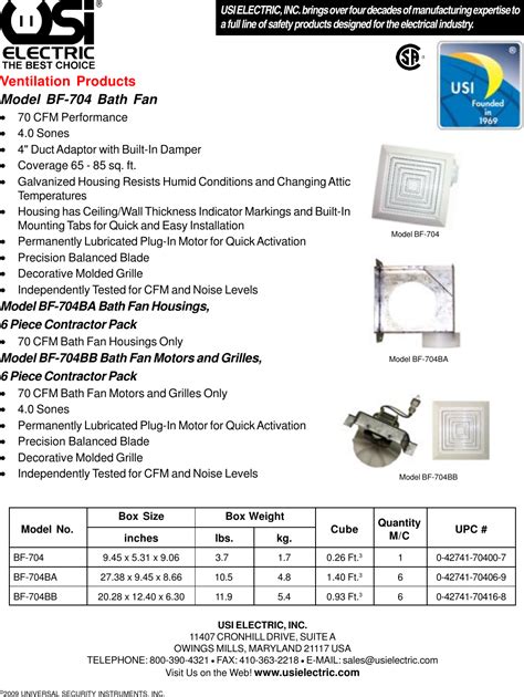 Universal Security Instruments Bf 704bb Specification Sheet 15gfci