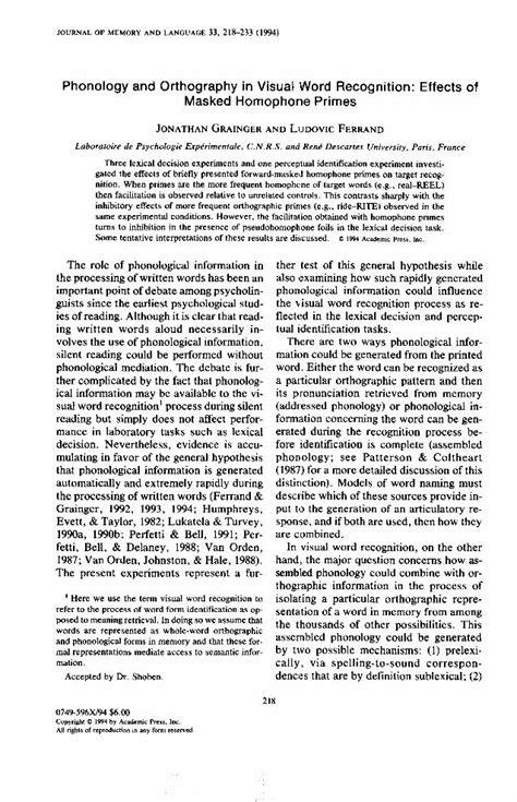 Pdf Phonology And Orthography In Visual Word Recognition Effects Of Masked Homophone Primes