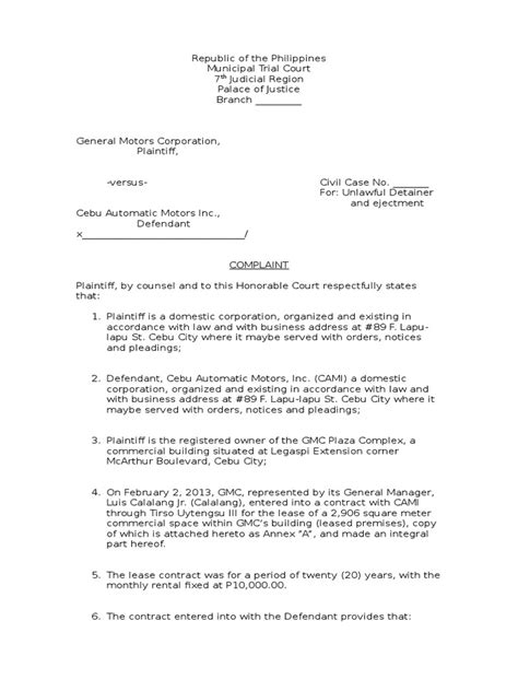 Unlawful Detainer Sample Complaint Lease Lawsuit