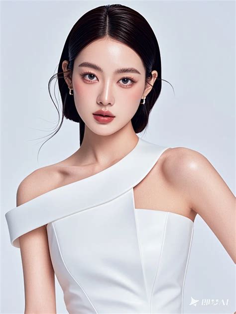 精致容颜，细节五官，全身，美女，五官精致，深邃眼眸，浅唇色 时尚摄影一个女人穿着白色礼服在摄影棚，品牌代言人，在全息的风格，白色背景，大久保直