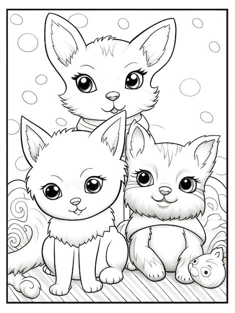 Una Página Para Colorear De Tres Gatos Con Una Flor En El Medio Foto