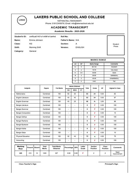Marksheet Emma Johnson English Kg A 02 1757490921278 Pdf