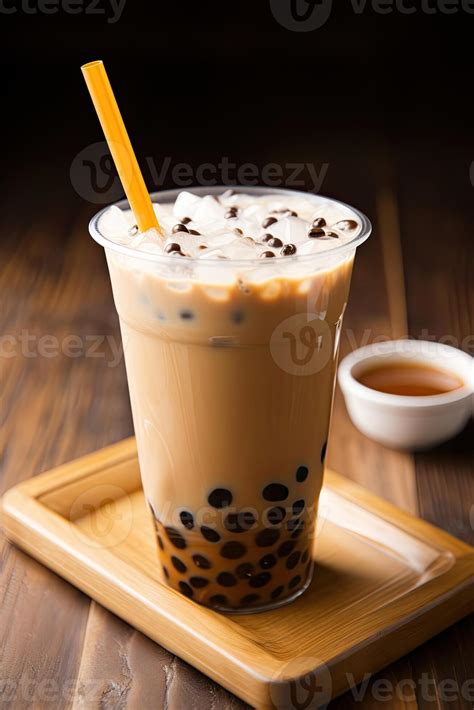 Illustration Of Taiwan Boba Milk Tea With Bubble On Wood Table 26273886