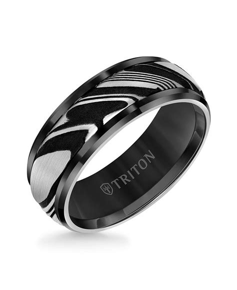 Triton 8mm Black Tungsten Carbide Ring With Damascus Steel Macys
