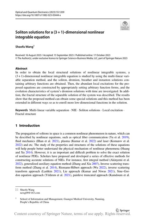 Soliton Solutions For A 3 1 Dimensional Nonlinear Integrable Equation