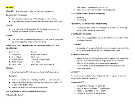 Chemistry Molarity Colligative Properties Notes Molarity Solution