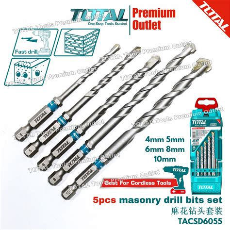 Total Tools 5pcs Masonry Drill Bits Set ∅4mm ∅5mm ∅6mm ∅8mm ∅10mm