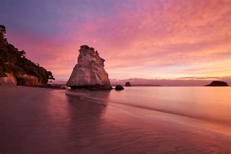Cathedral Cove Pink Sunrise Nz Landscape Prints For Sale