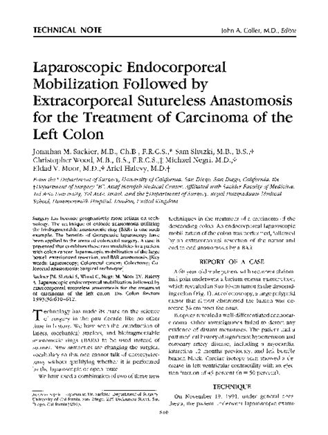 Pdf Laparoscopic Left Colon Resection And Colorectal Anastomosis A Totally Intracorporeal