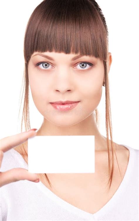 Mujer Feliz Con La Tarjeta De Visita Imagen De Archivo Imagen De