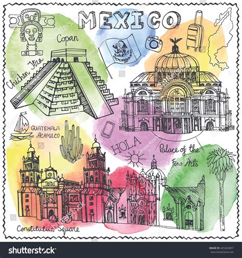 Mexico Travel Famous Landmarksvector Hand Drawn Stock Vector Royalty