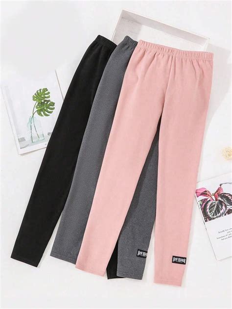 Shein Tween Girl 3pcs Letter Patched Detail Thermal Lined Leggings Chic