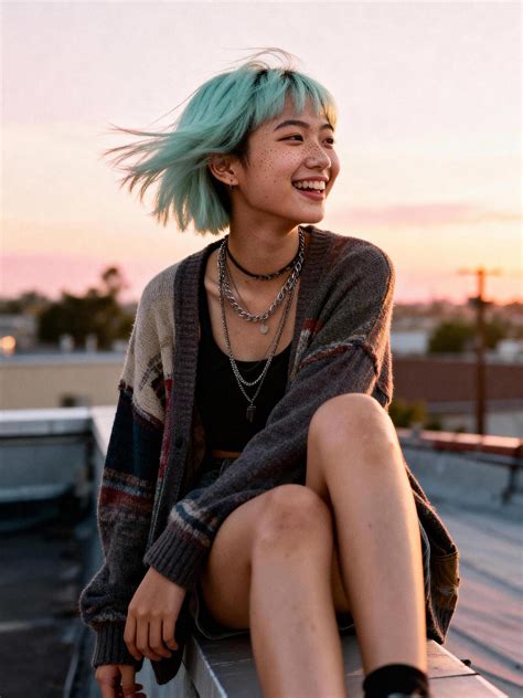 Asian Teen Girl With Blue Hair Enjoys Sunset On Rooftop Showing Bodypositive Spirit And Youthful