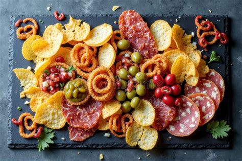 Assorted Snack Platter With Chips Salami Olives And Pretzels On