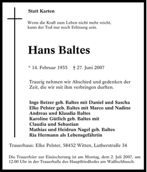 Traueranzeigen Von Hans Baltes Trauer In Nrwde