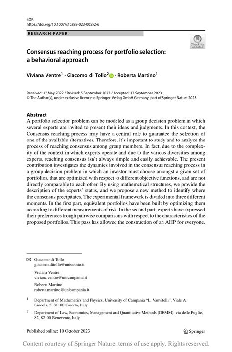 Consensus Reaching Process For Portfolio Selection A Behavioral