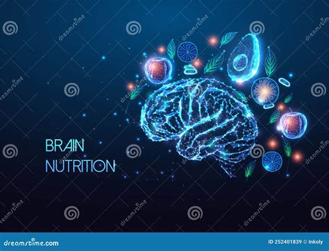 Brain Nutrition, Biohacking Concept With Human Brain And Healthy Food In Futuristic Style On ...