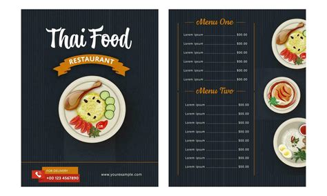 Thai Food Restaurant Menu Card With Double Side In Black Color
