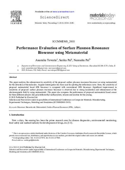 Pdf Performance Evaluation Of Surface Plasmon Resonance Biosensor